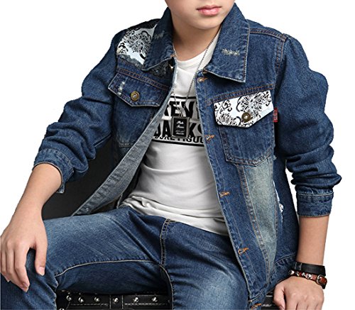 Boys Cow Skull Printed Denim Jacket with Floral Patches (5, Blue)