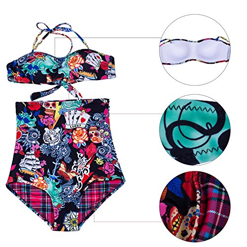 iShine Women High-waisted Retro Bikini Set Swimsuit with Skull Designs